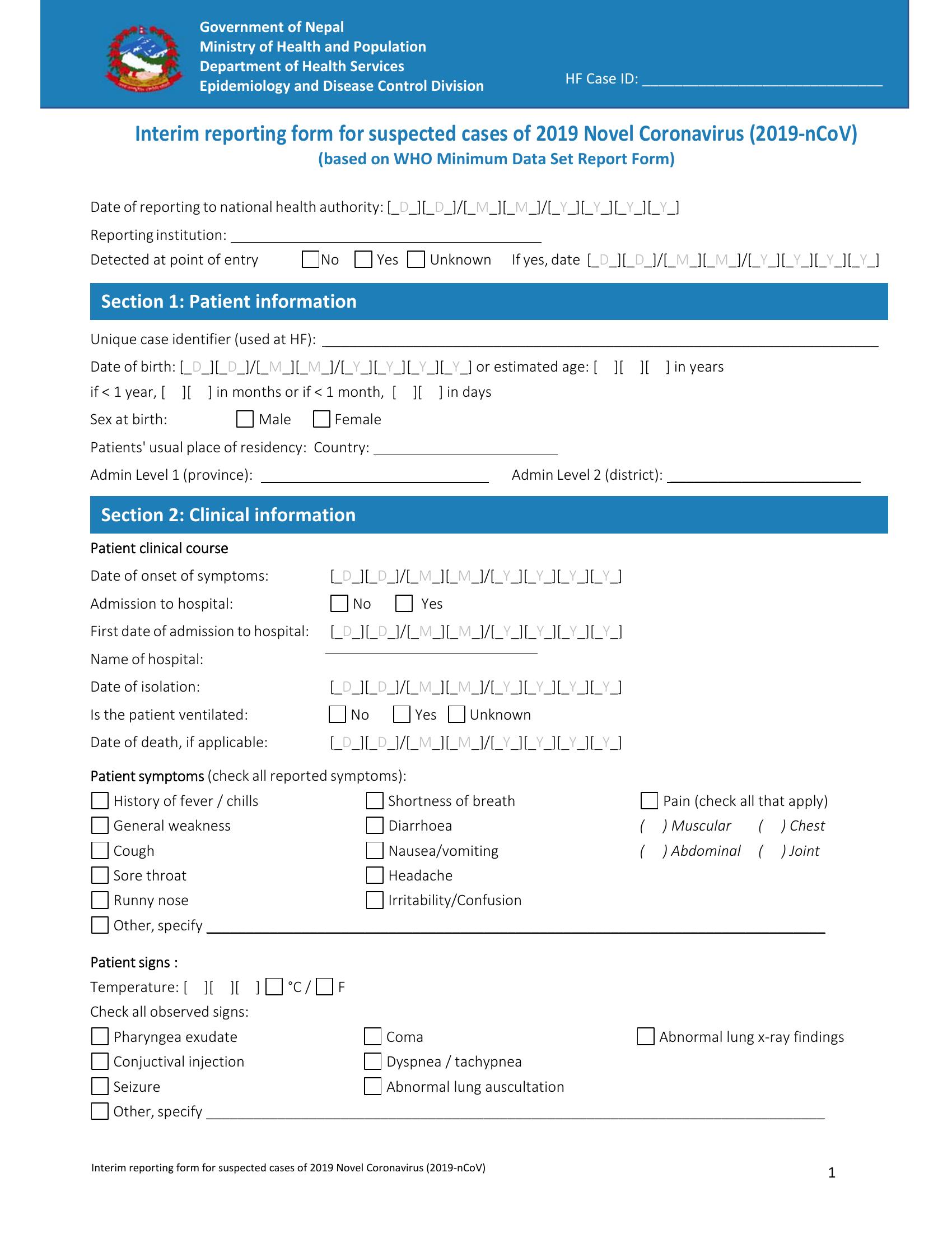 Interim reporting form for suspected cases of COVID-19 nRead