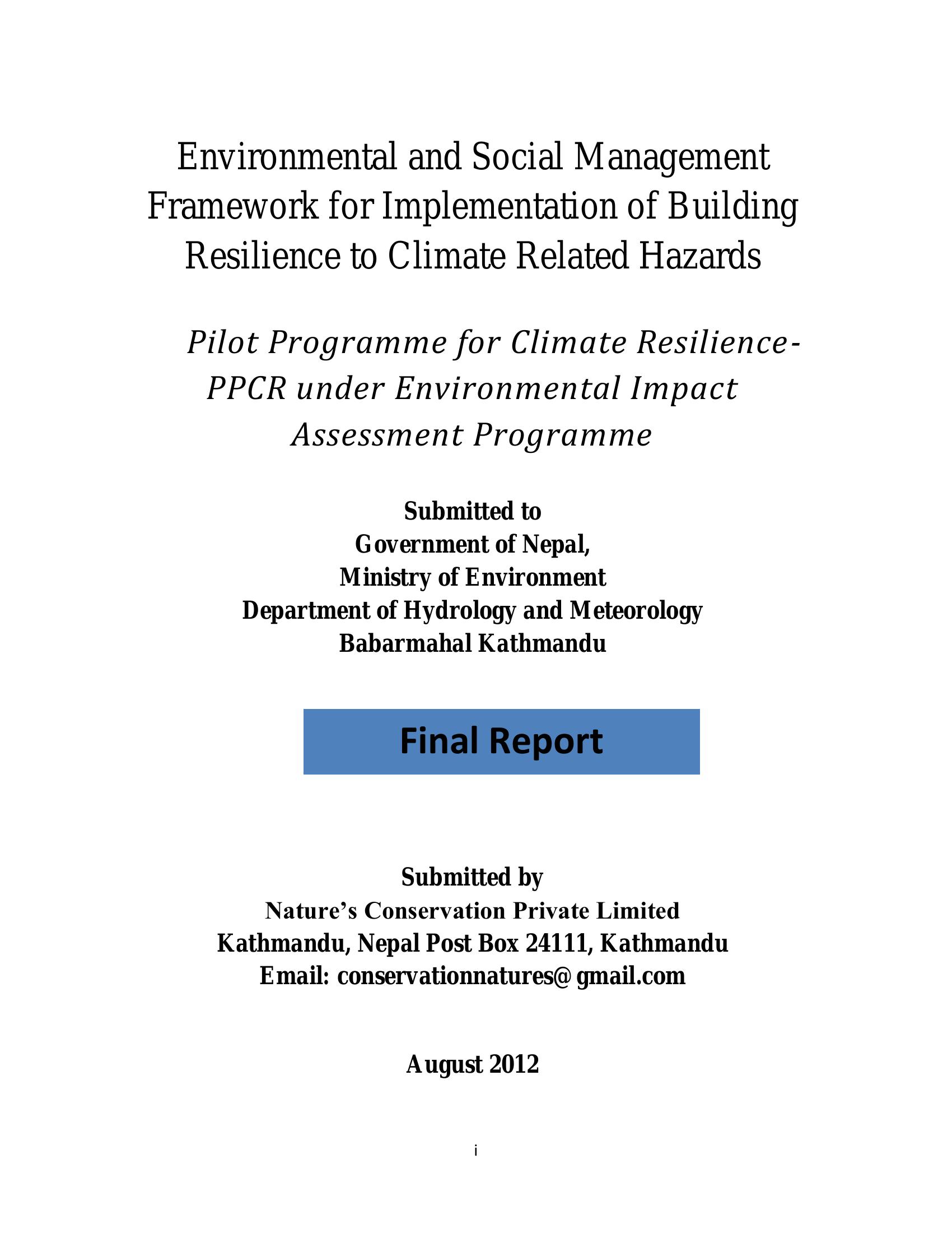 Pilot programme for climate resilience assessment programme 2012 nRead